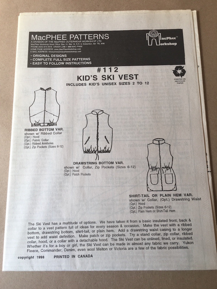 #112 CHILD & YOUTH SKI VEST – MacPhee WorkShop